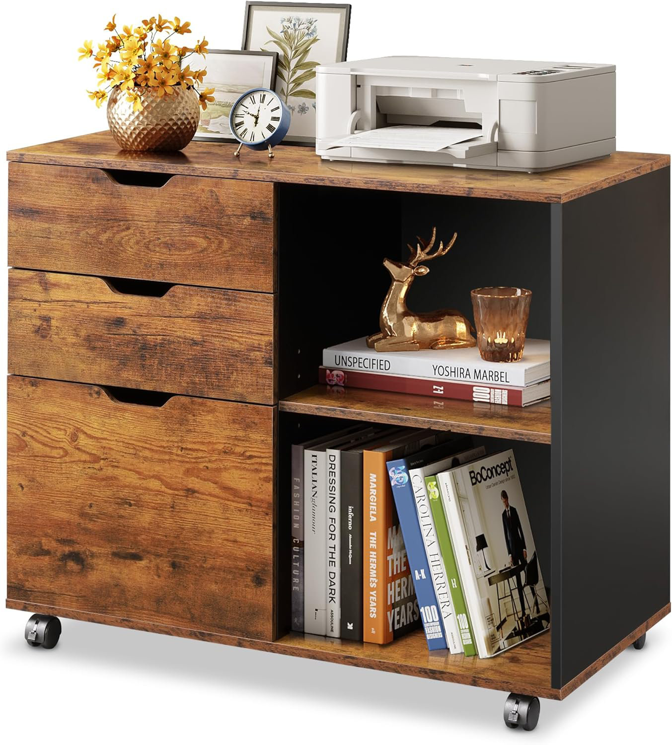 17 Stories 3 Drawer Wood File Cabinet Mobile Lateral Filing Cabinet Printer Stand With Open Storage Shelves For Home Office Wayfair